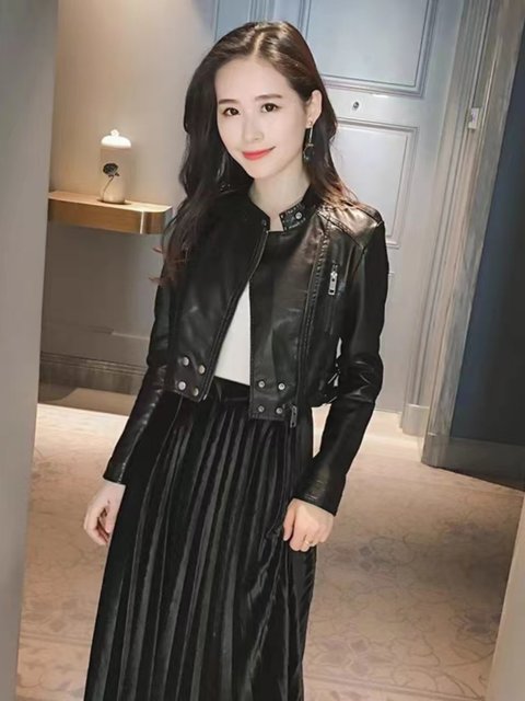 Haining stand-up collar small leather jacket for women 2024 spring and ...
