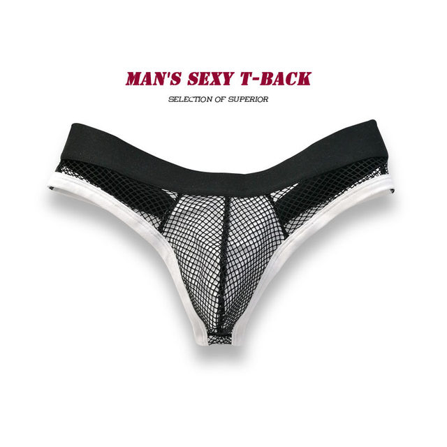 Men's T-back Sexy Single Transparent Fishnet Stockings Black Silk Men's ...