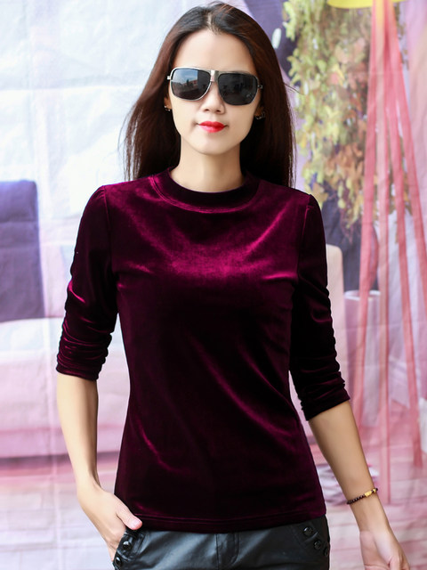 Solid color advanced gold velvet top long -sleeved small round neck ...
