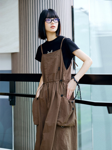 PSO Brand Solid Color Micro-Wrinkled Woven Sling Work Dress Women's ...