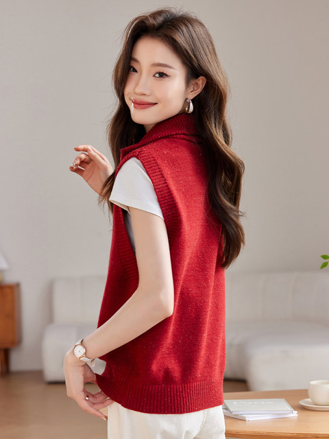 Stand-collar cashmere vest for women loose and slim knitted wool horse ...