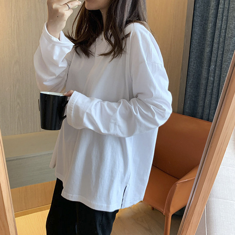 Pure white long-sleeved T-shirt for women, pure cotton inner layering ...