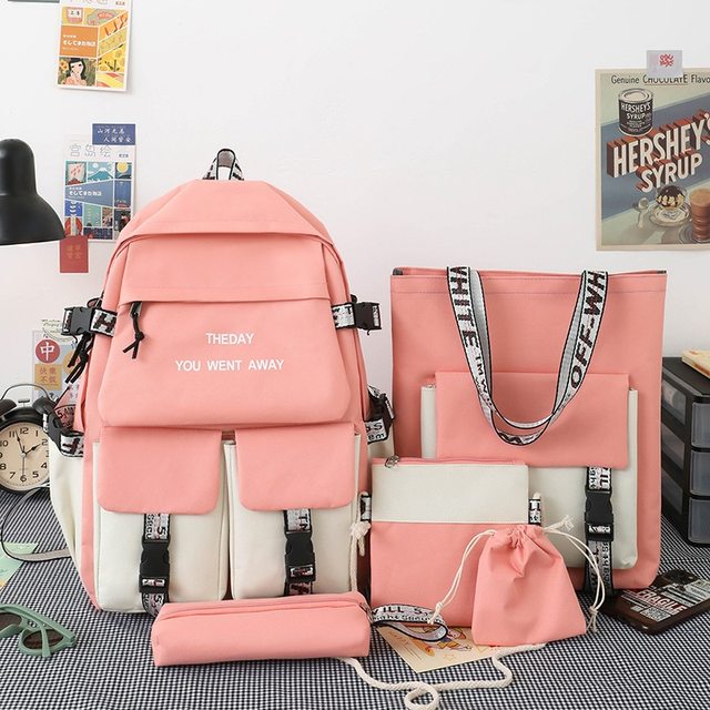 New five-piece schoolbag set, fashionable Korean multi-layer backpack ...