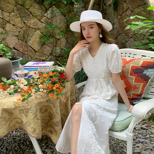 AMNANA French heavy drawstring waist slimming dress three-dimensional ...