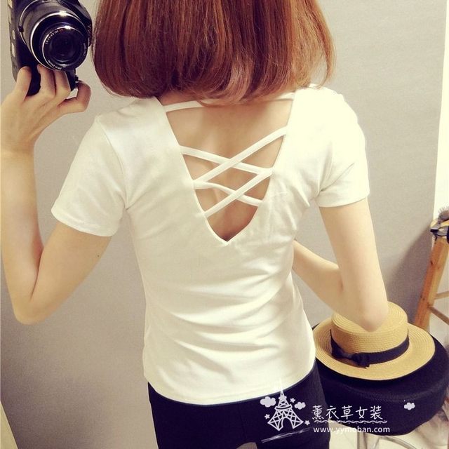 Summer new V-neck slim fit backless tops all-match solid color ...