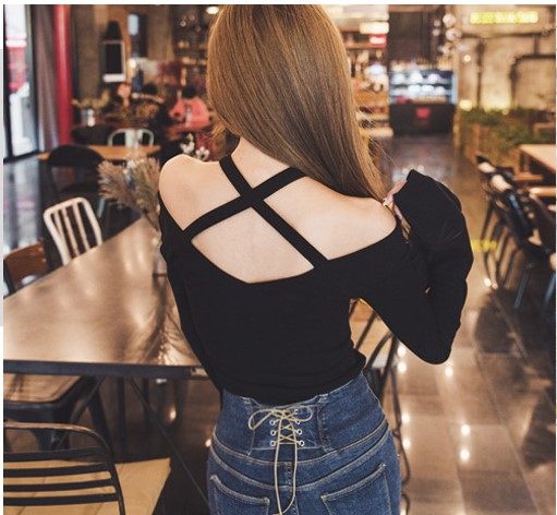 One word collar long -sleeved T -shirt women's new sexy body, thin and ...