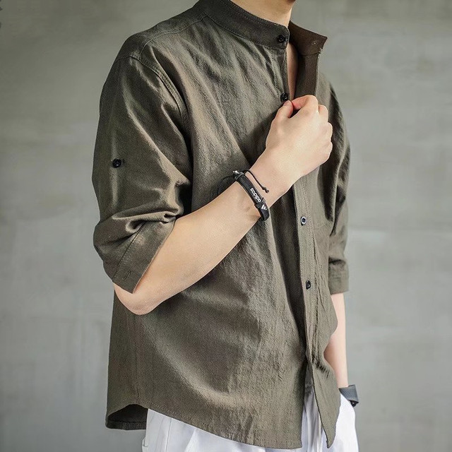 Three-quarter-sleeved shirt men's summer Korean style trendy stand-up ...