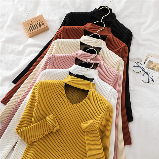 Autumn and winter thick black mesh v-neck sweater with bottoming shirt ...