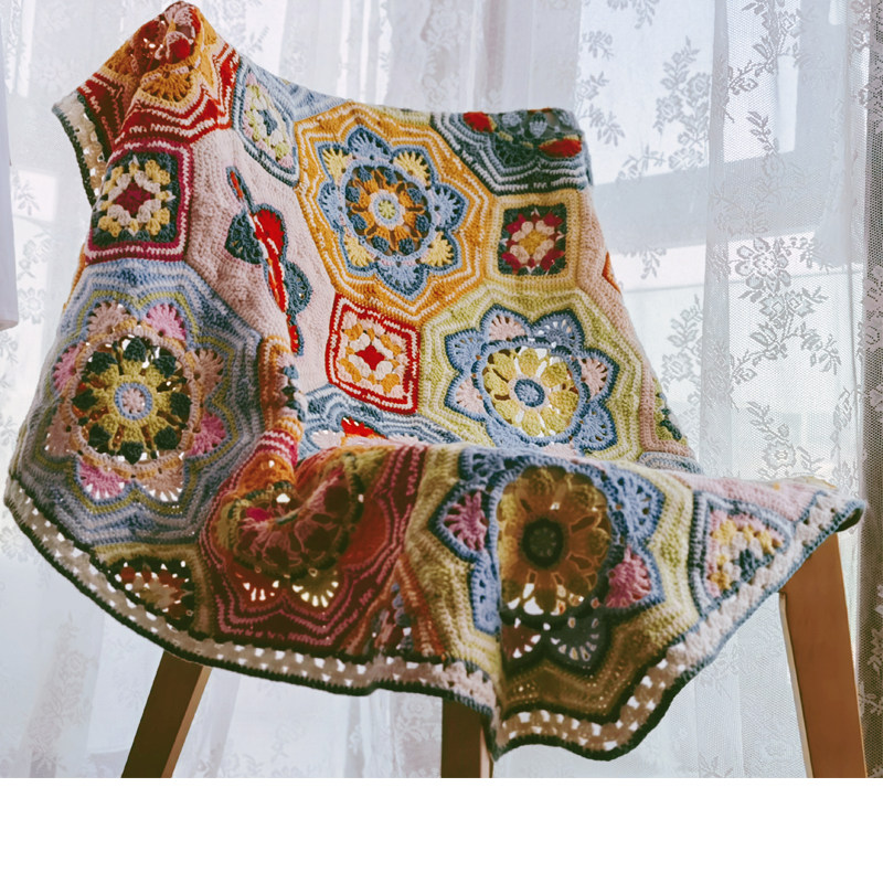 Hand Crocheted Patchwork Blanket in Ethnic Style