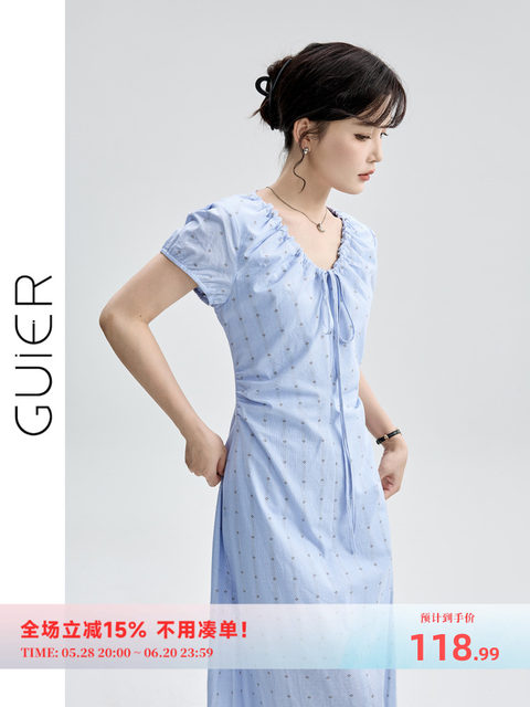 GUIER puff sleeve waist-hugging dress for women 2025 new summer V-neck ...