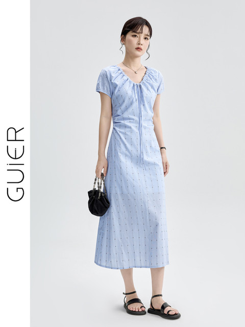 GUIER puff sleeve waist-hugging dress for women 2025 new summer V-neck ...