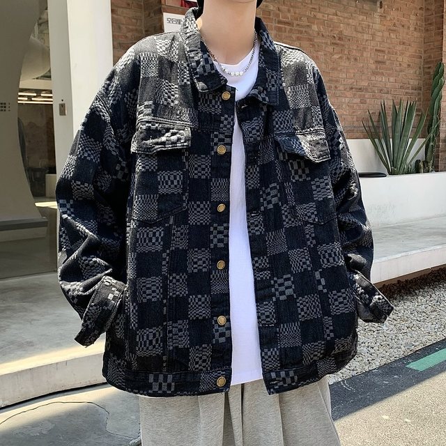 American checkerboard work jacket men's trendy design loose bf casual ...