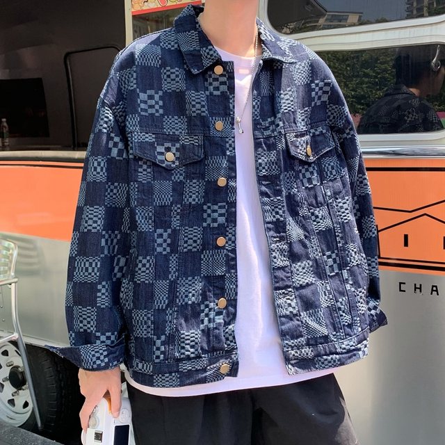 American checkerboard work jacket men's trendy design loose bf casual ...