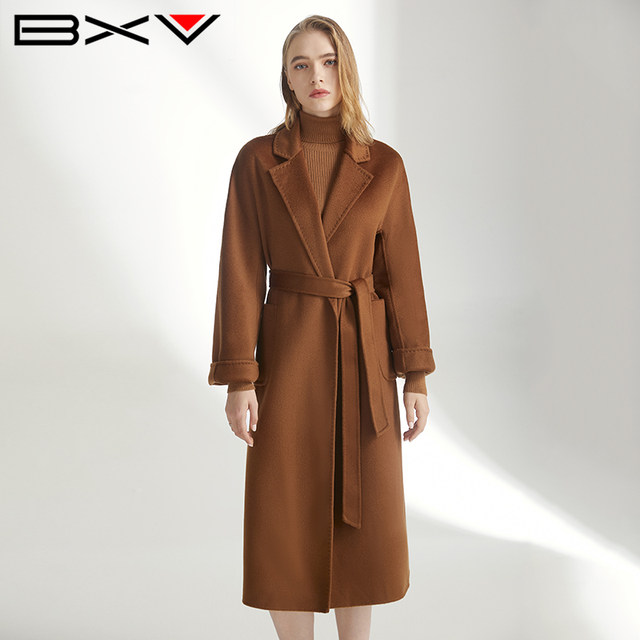 Lace-up water ripple double-sided cashmere coat for women mid-length ...
