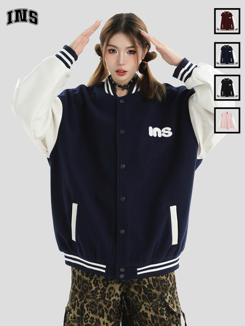 INSstudios national fashion brand couple American style contrast patch LOGO leather baseball ...