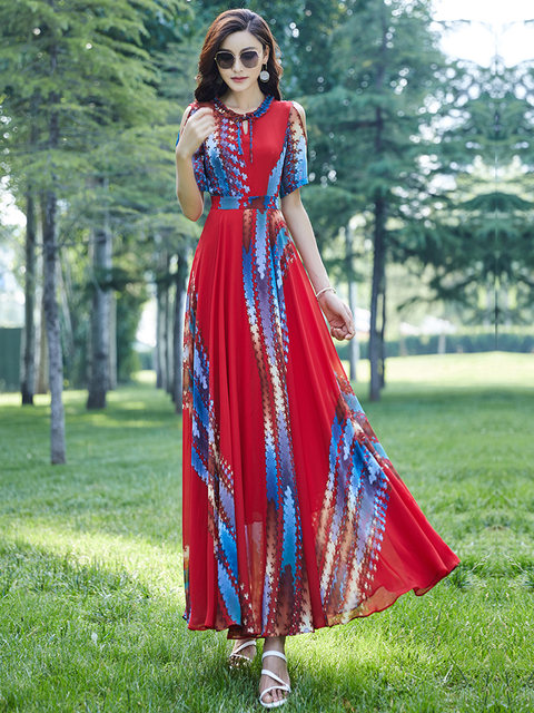 Red dress for women summer 2024 new style waist slimming chiffon long ...