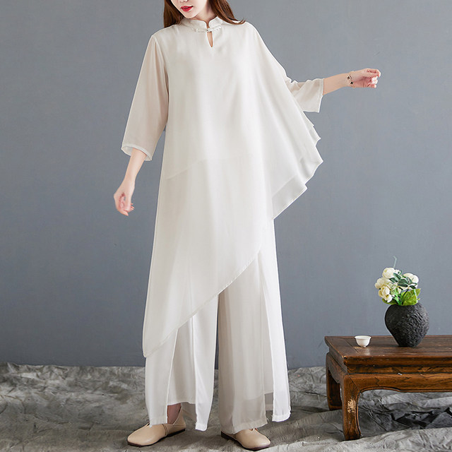 Zen women's clothing, Chinese style tea clothes, fairy-like irregular flowing white meditation ...