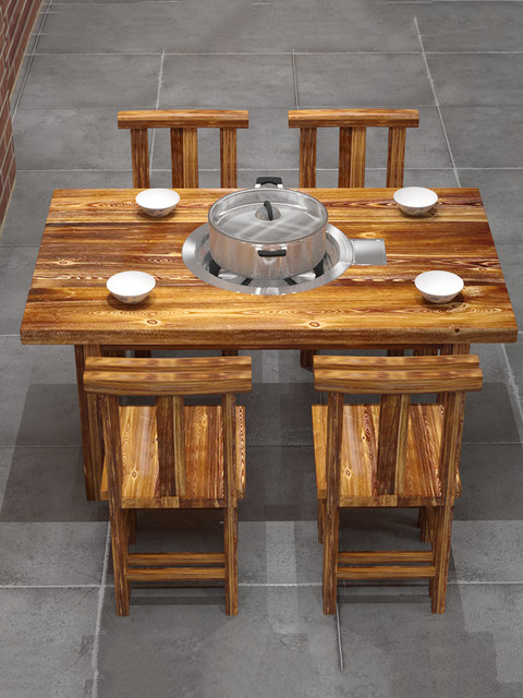 Solid Wood Hot Pot Dining Table Induction Cooker Farmhouse Barbecue ...