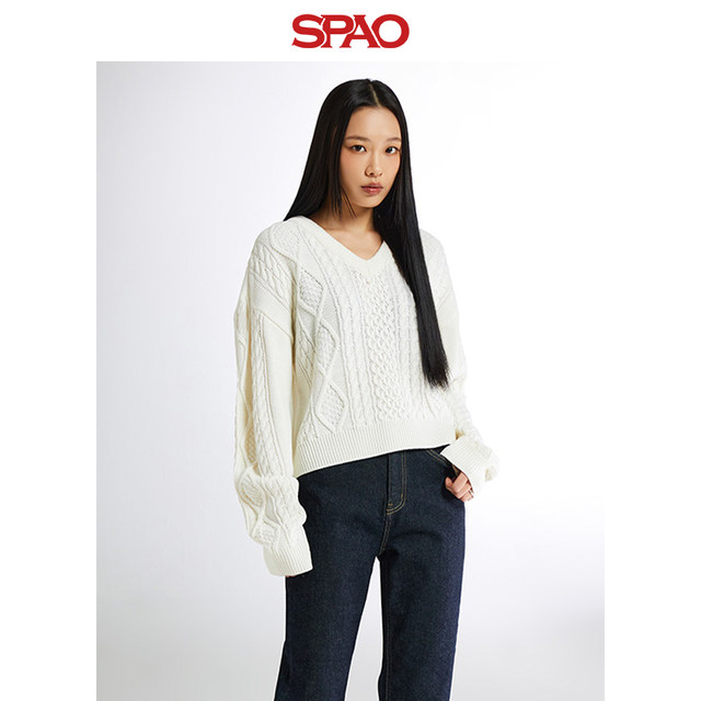 SPAO Korea's same style 2024 autumn new women's casual fashion V-neck pullover sweater SPKWE12G98
