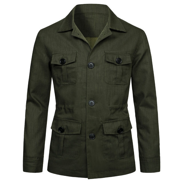 Spring and autumn new men's multi-pocket work jacket linen British ...
