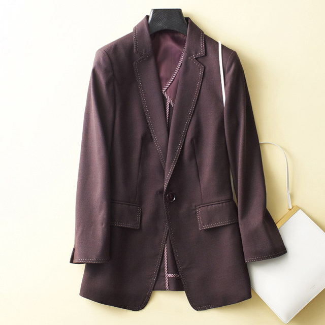 Dark wine red chic small blazer women's slim fit thin worsted wool suit