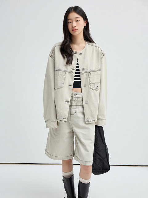 JUSLIN Fashionable washed round-neck denim jacket/asymmetrical slit ...