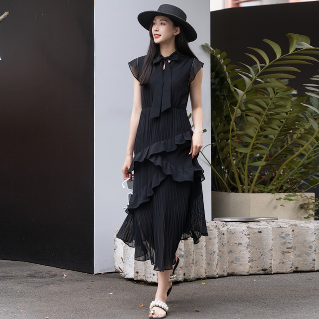 XG/Xuege collar sleeveless temperament in the waist, long dress, black holiday wind skirt ...