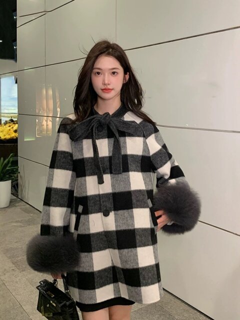 Cedar Love 2024 double -sided cashmere woolen cloak coat plaid fox hair ...