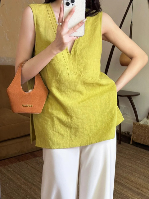 100% Ramie minimalist spring and summer bright color new Chinese v-neck ...