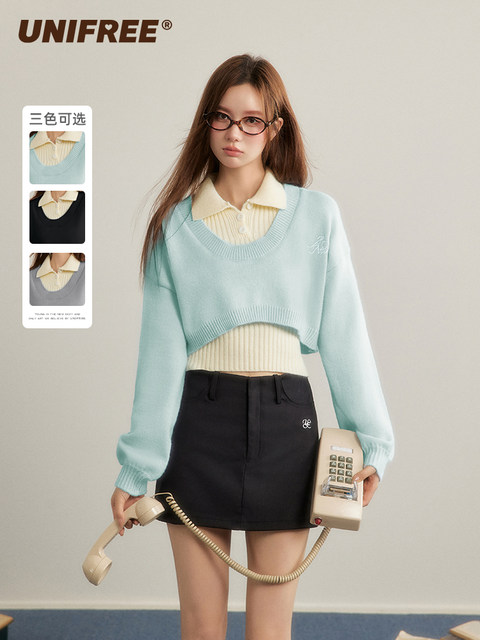 UNIFREE Korean style sweater lazy style dopamine blue lapel design ...