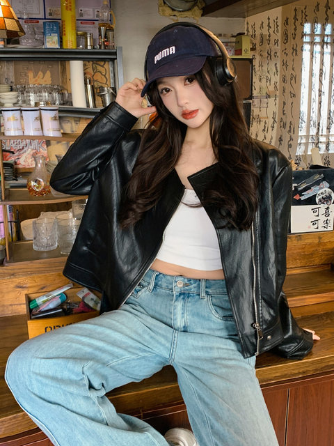 Retro High-End Black Pu Leather Jacket for Women 2025 Spring & Fall ...