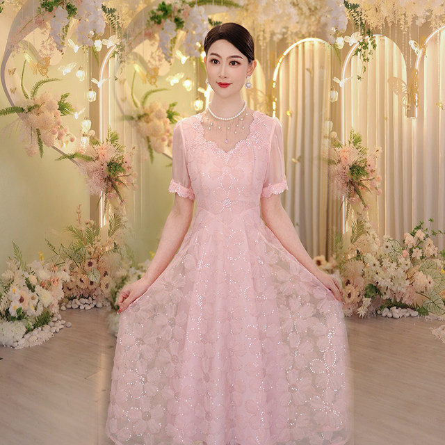 Pink generous and decent dress with a sense of gold for women summer ...