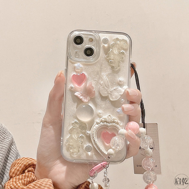 Qiqian three-dimensional love butterfly wrist strap iPhone16/15 mobile phone case suitable for ...