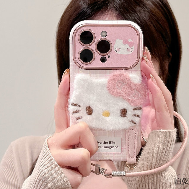 Enlightenment pink checkered three -dimensional Katty cat iPhone16/15 ...