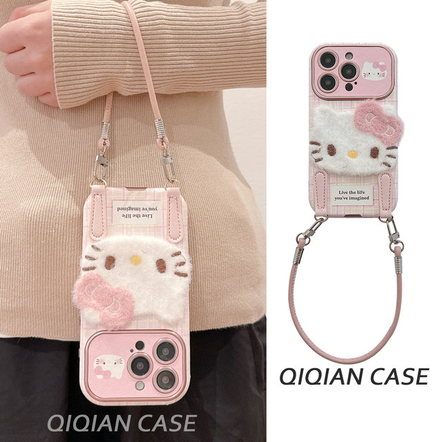 Enlightenment pink checkered three -dimensional Katty cat iPhone16/15 ...