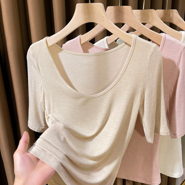 Pink large round neck inner layering shirt for women summer mid-sleeve ...