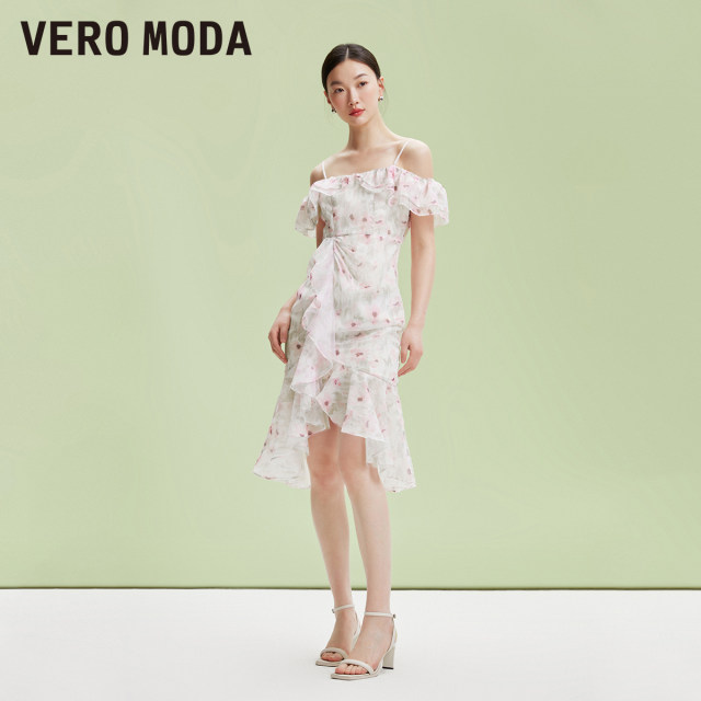 VeroModa Outlet Dress 2024 Spring and Autumn New Style Suspender One-line Collar Ruffled Floral ...