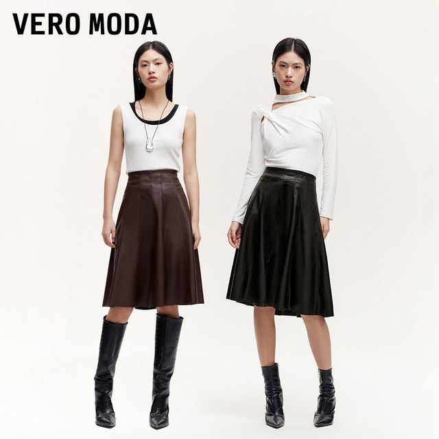Veromoda Ole Half Skirt 2024 Autumn New PU High -waisted Meirad A -line fashion trend pleated