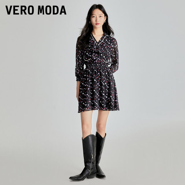 VEROMODA Ora dress Spring and Autumn New Chiffon Flower Skirt A -line waist Virgin V -neck ...