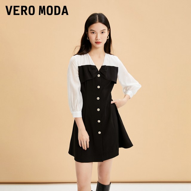 VeroModa Ole dress autumn and winter new style V-neck three-quarter sleeves A-line skirt elegant ...