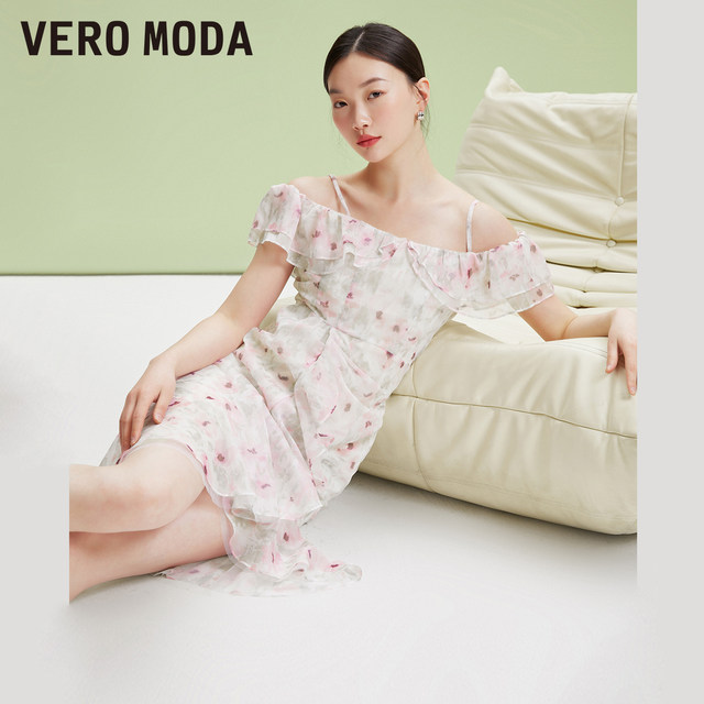 VeroModa Outlet Dress 2024 Spring and Autumn New Style Suspender One-line Collar Ruffled Floral ...
