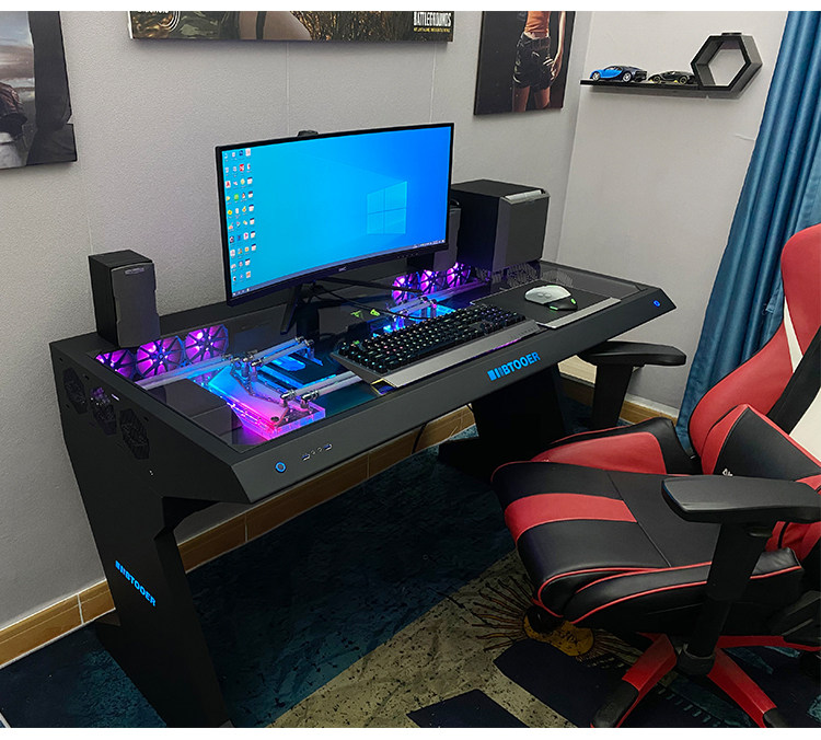 Btooer Computer Case with Integrated Desk - Full Tower Transparent PC Case