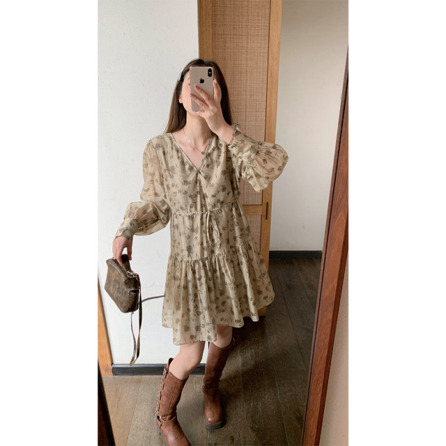 Mihua Home V-neck Puff Sleeve Printed Dress Women's Summer High-end ...