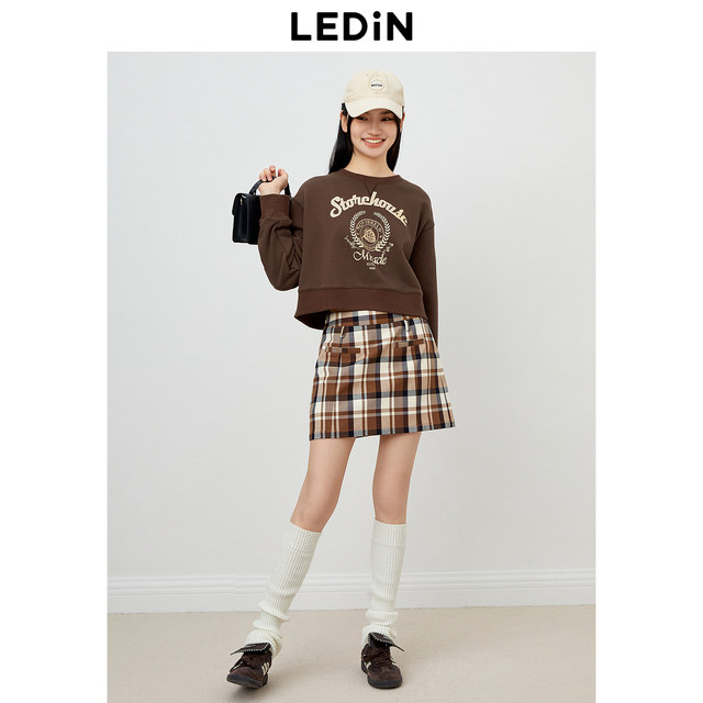 Leding retro coffee color short sweatshirt autumn new letter print ...