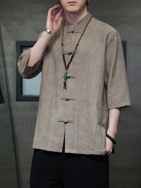 Summer Thin Chinese-Style Button-Down Shirt for Men, Three-Quarter ...