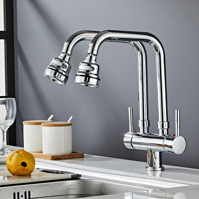 Kitchen hot and cold faucet double-pipe double-outlet sink vegetable ...