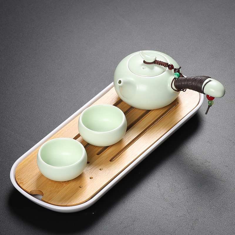 Japon Kung Fu Çay Seti - Bambu Tepsi ile Porselen - 4 Kişilik