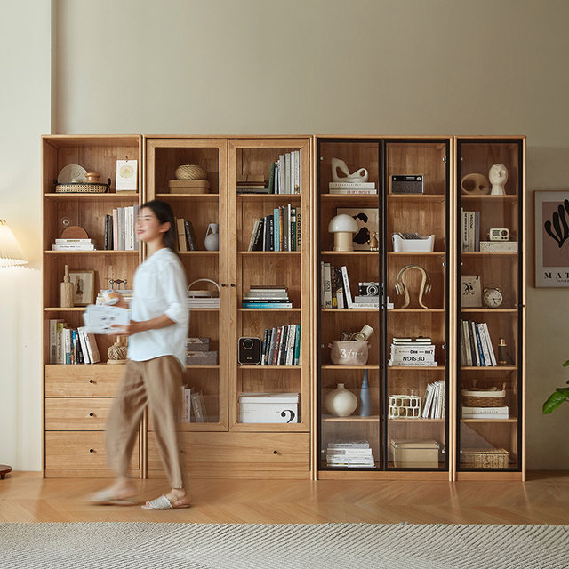 Lin's solid wooden book cabinet entire wall bookshelves living room ...