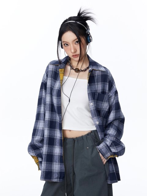 XOL original retro positive and negative two -sided grid long -sleeved ...