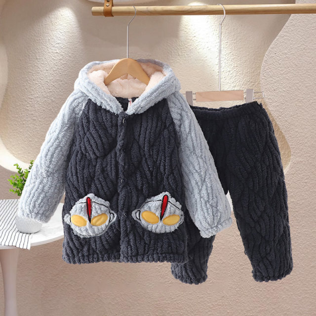 Boys' Winter Flannel Pajamas Hooded Fleece-lined thickened Baby's Three ...